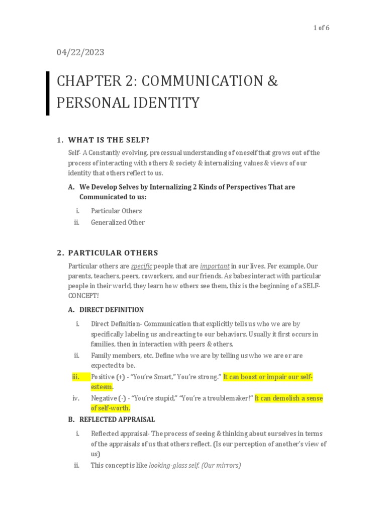 CO120-Week 2 - Chapter 2-Communication & Personal Identity - Notes ...