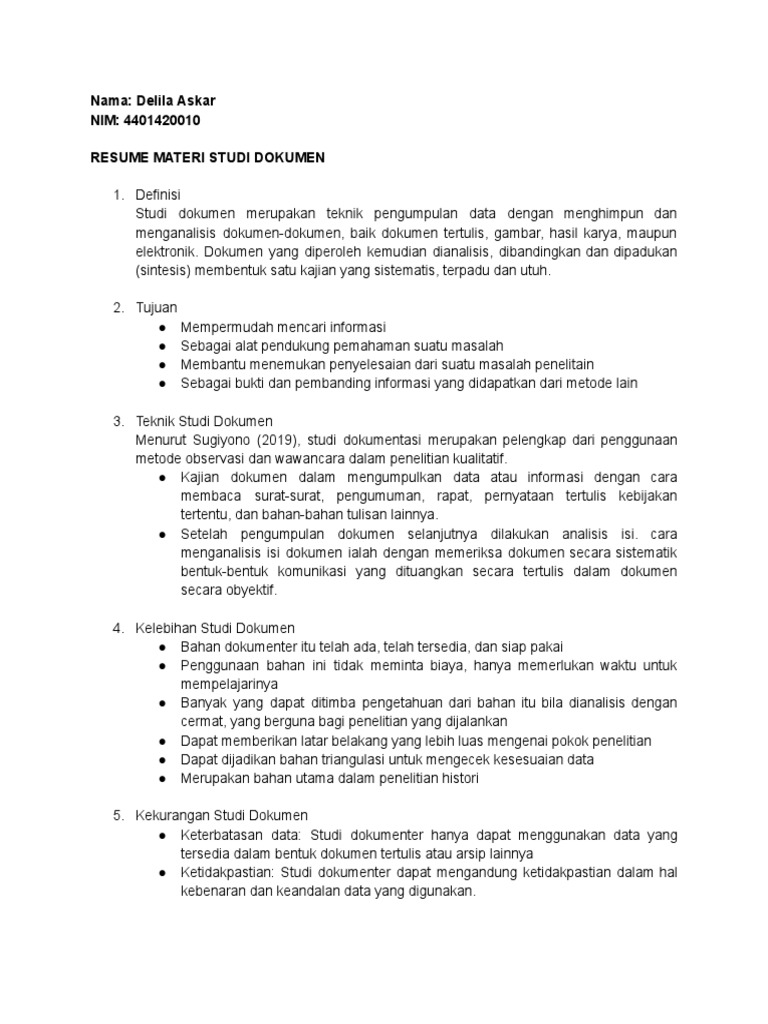 Resume Studi Dokumen - 4401420010 - Delila Askar | PDF | Karier ...