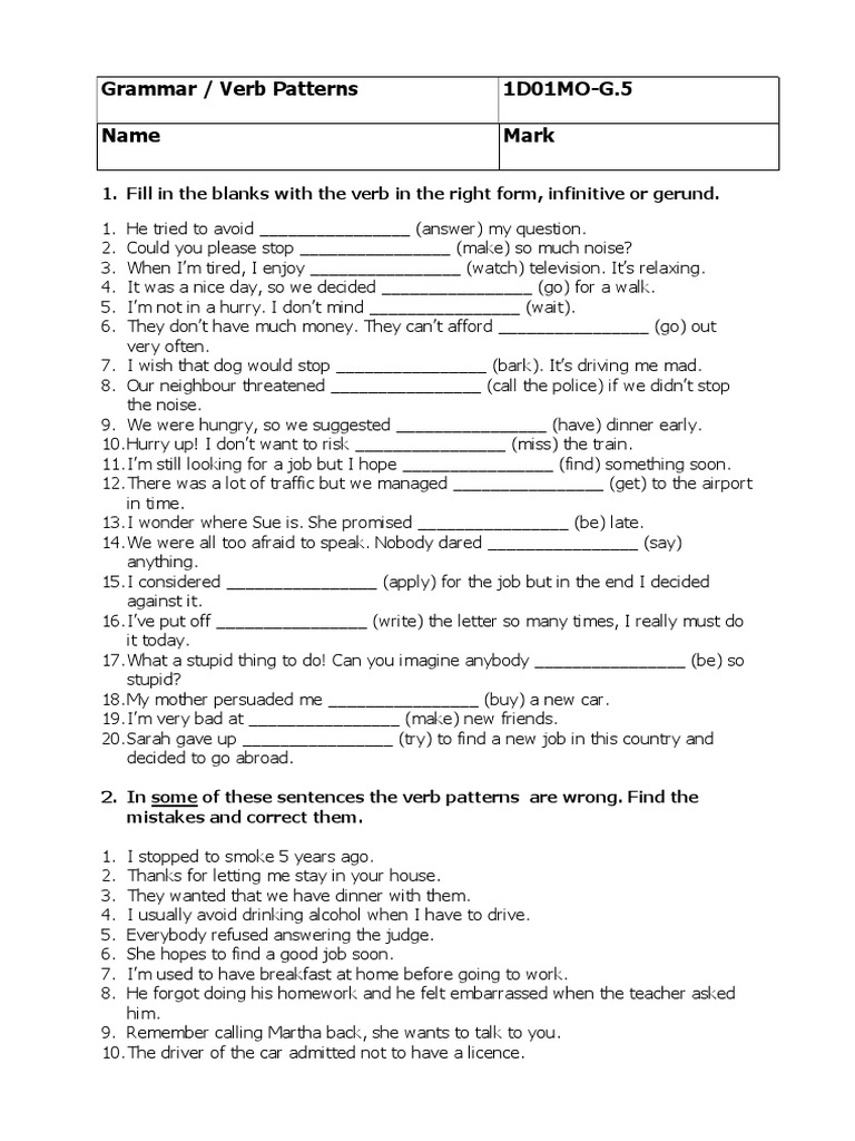 GRAMMAR TEST INFINITIVES AND GERUNDS | PDF