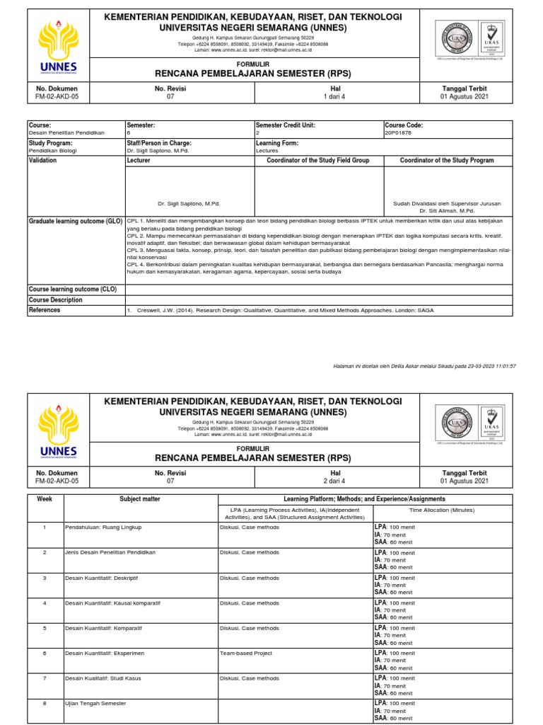 RPS-Desain Penelitian Pendidikan | PDF