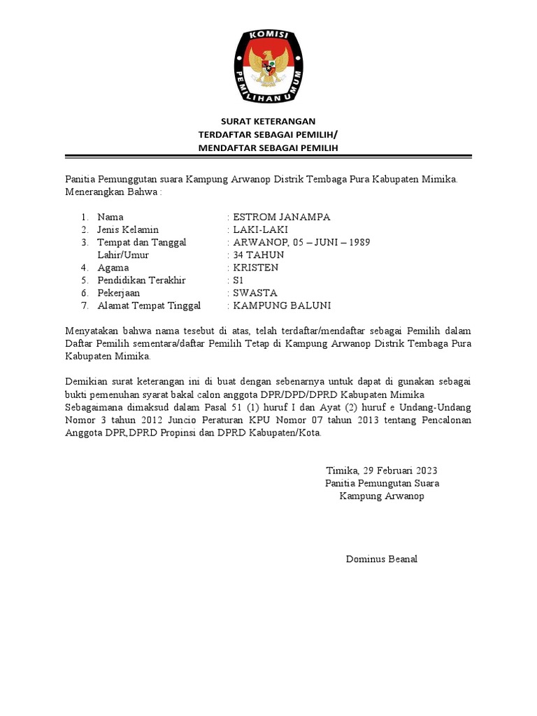 Surat Keterangan Terdaftar Pemilih | PDF