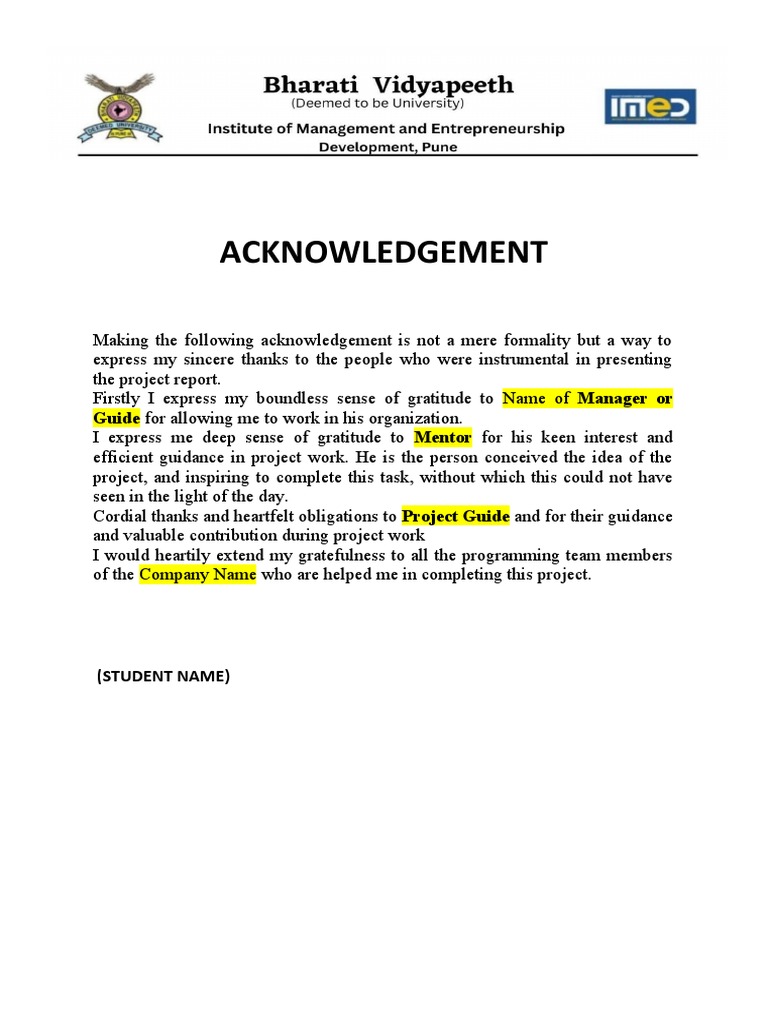 Acknowledgement: Guide For Allowing Me To Work in His Organization | PDF