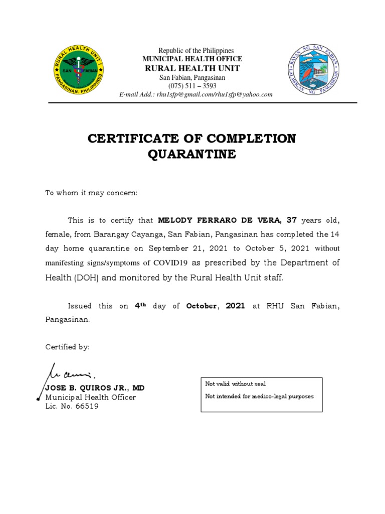 Certificate of Completion Quarantine | PDF