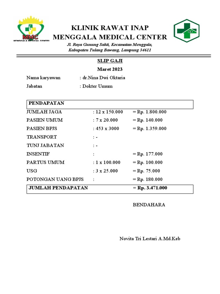 Klinik Rawat Inap Menggala Medical Center: Slip Gaji Maret 2023 | PDF