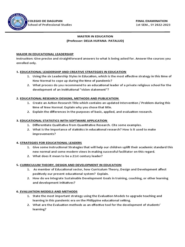 Final Examination Questions | PDF | Instructional Design | Learning