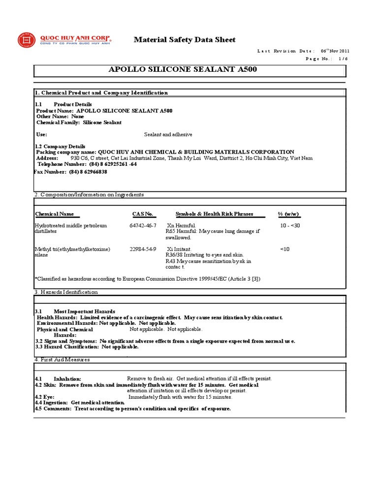 A500 MSDS | PDF | Personal Protective Equipment | Water