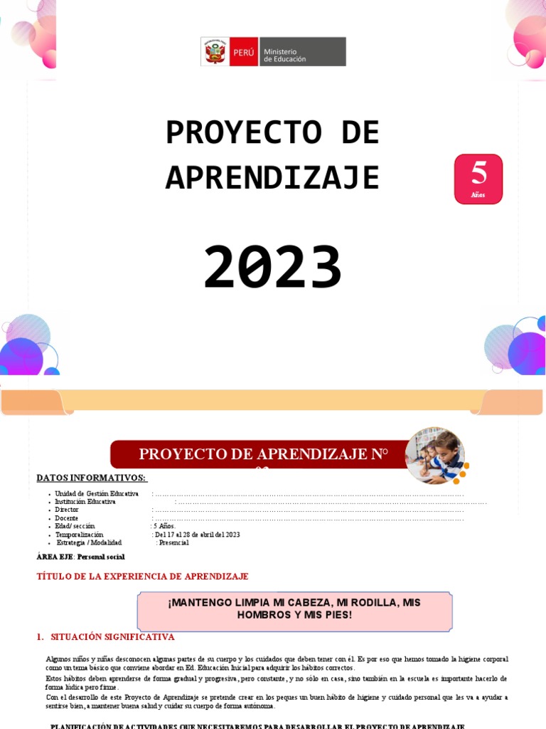 Proyecto Mi Cuerpo Lo Cuido 5 Años 2023 | PDF | Educación de la primera ...