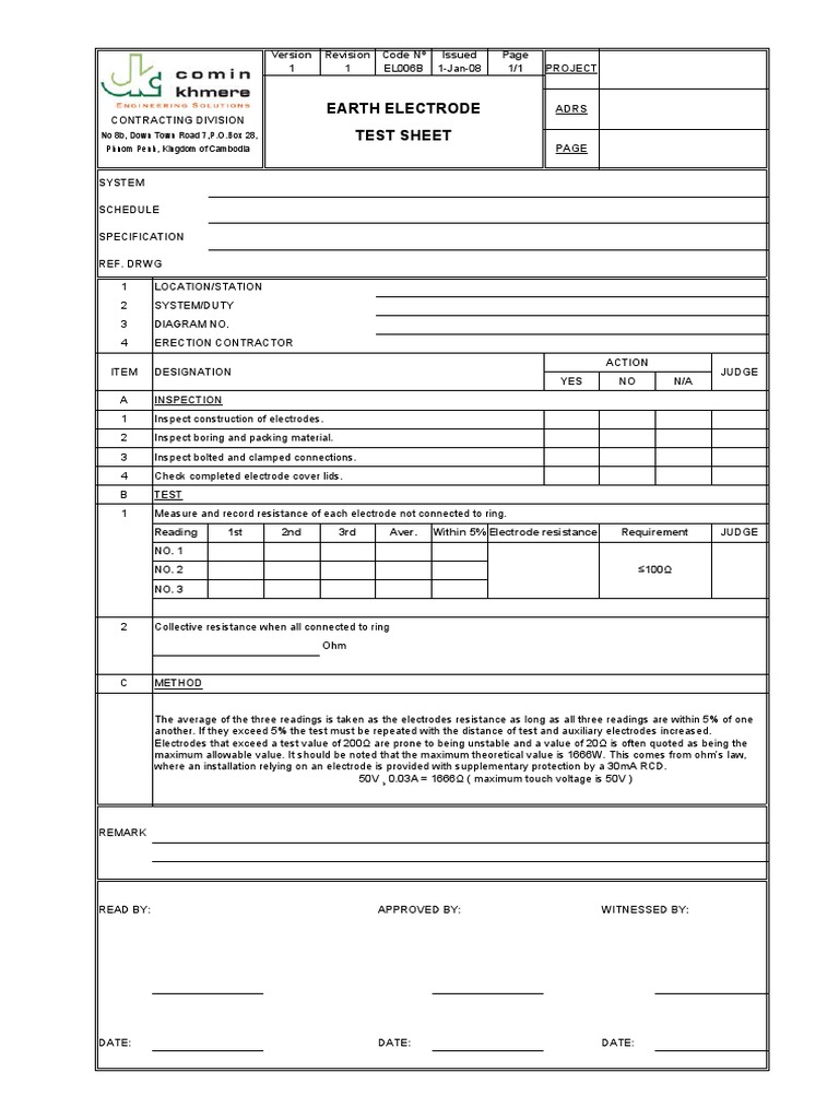 Earth Electrode Test Sheet: No 8b, Down Town Road 7, P.O.Box 28, Phnom ...