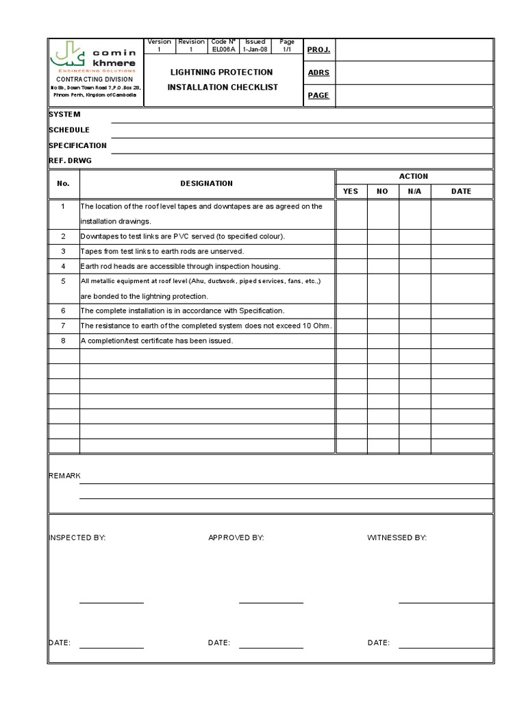 Lightning Protection Installation Checklist | PDF | Materials | Equipment