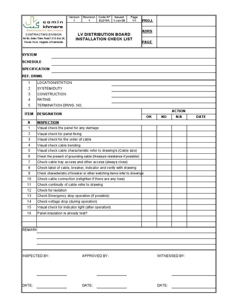 LV Distribution Board Installation Check List: Proj. Adrs System Schedule Specification Ref ...