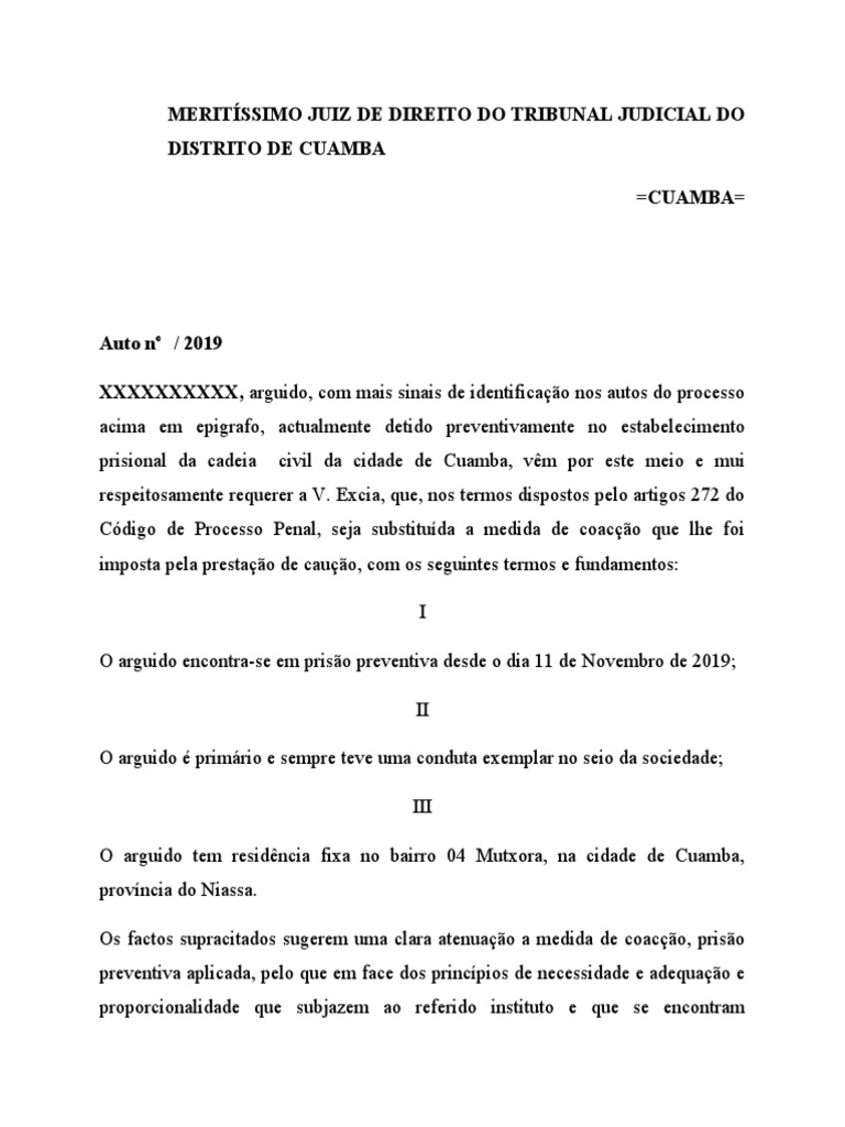 Modelo Requerimento de Pedido de Caução Moçambique | PDF