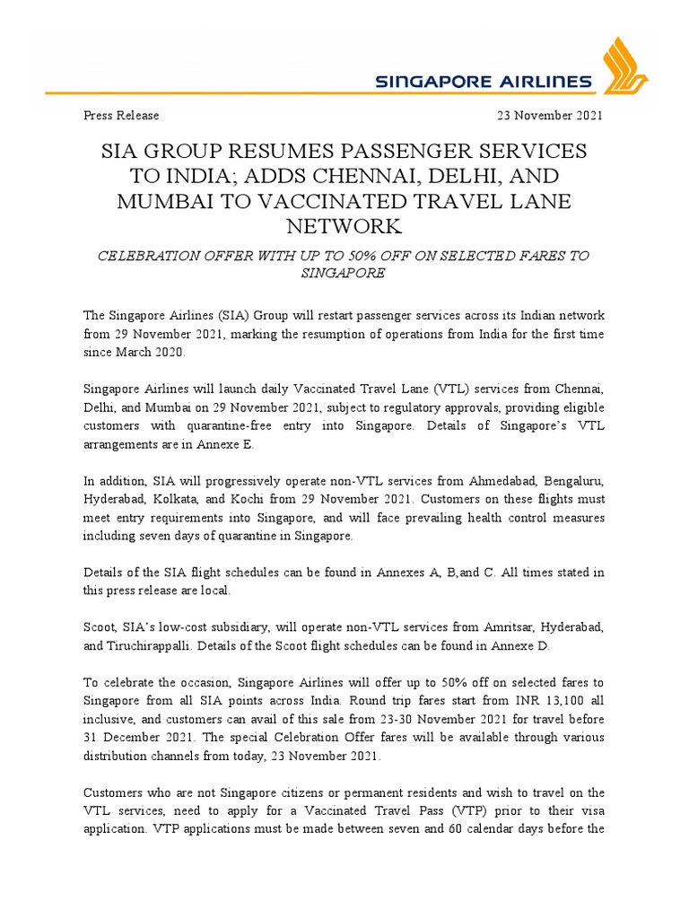 SIA Resumes VTL and non-VTL Services To India With Celebration Offer - 23 Nov 21 | PDF | Travel Visa