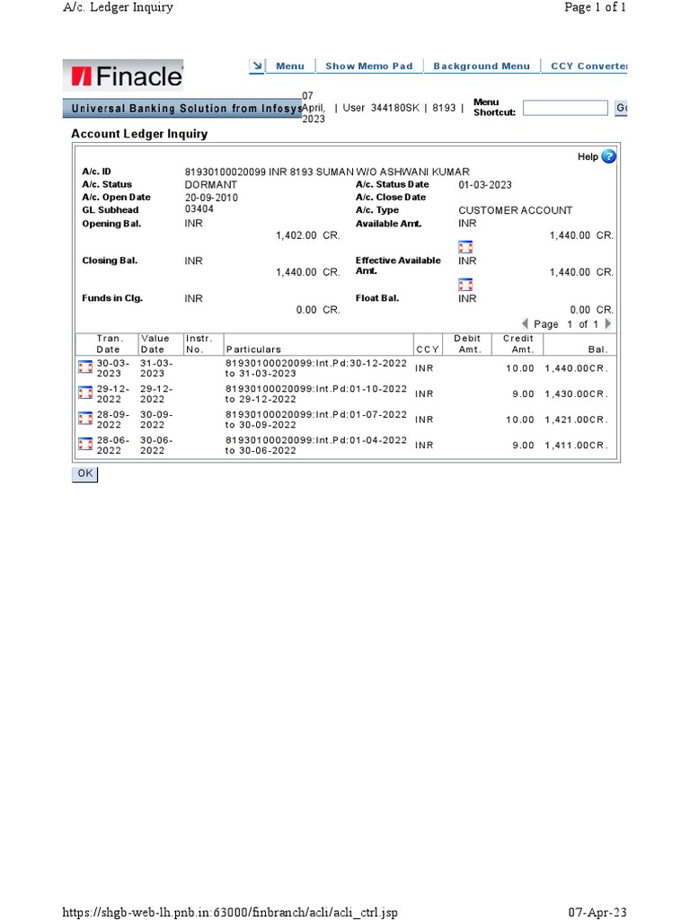 Account Ledger Inquiry: Menu Show Memo Pad Background Menu CCY ...