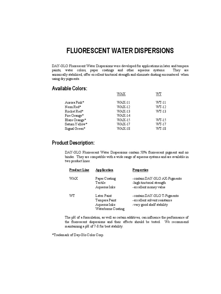 Day-Glo Fluorescent Water Dispersions | PDF | Paint | Materials