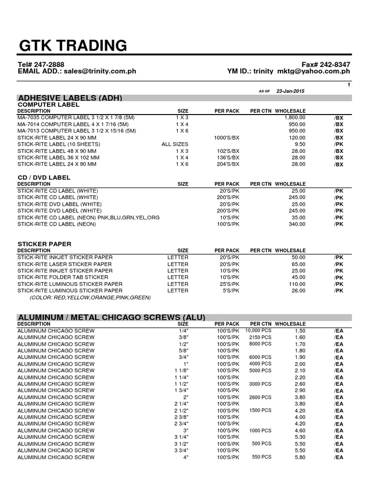 GTK Trading: Adhesive Labels (Adh) | PDF | Calculator | Screw