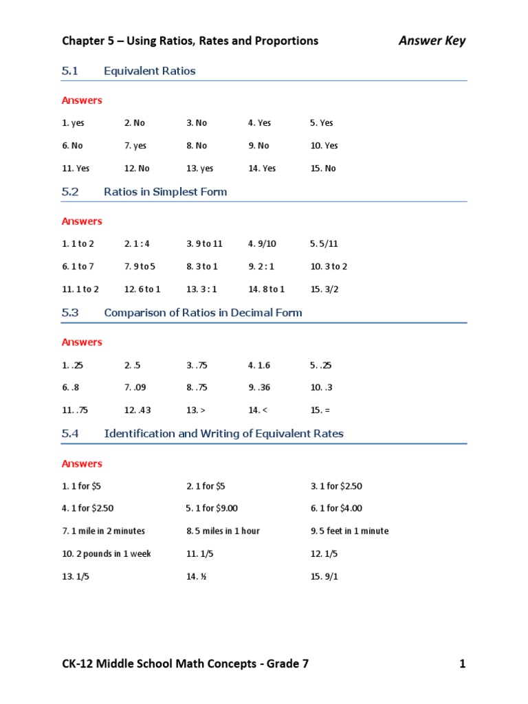 Grade 7 Ratio Answer Key | PDF | Ratio | Odds