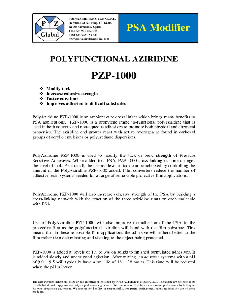 PolyAziridine PZP-1000: PSA Modifier Guide | PDF | Technology & Engineering