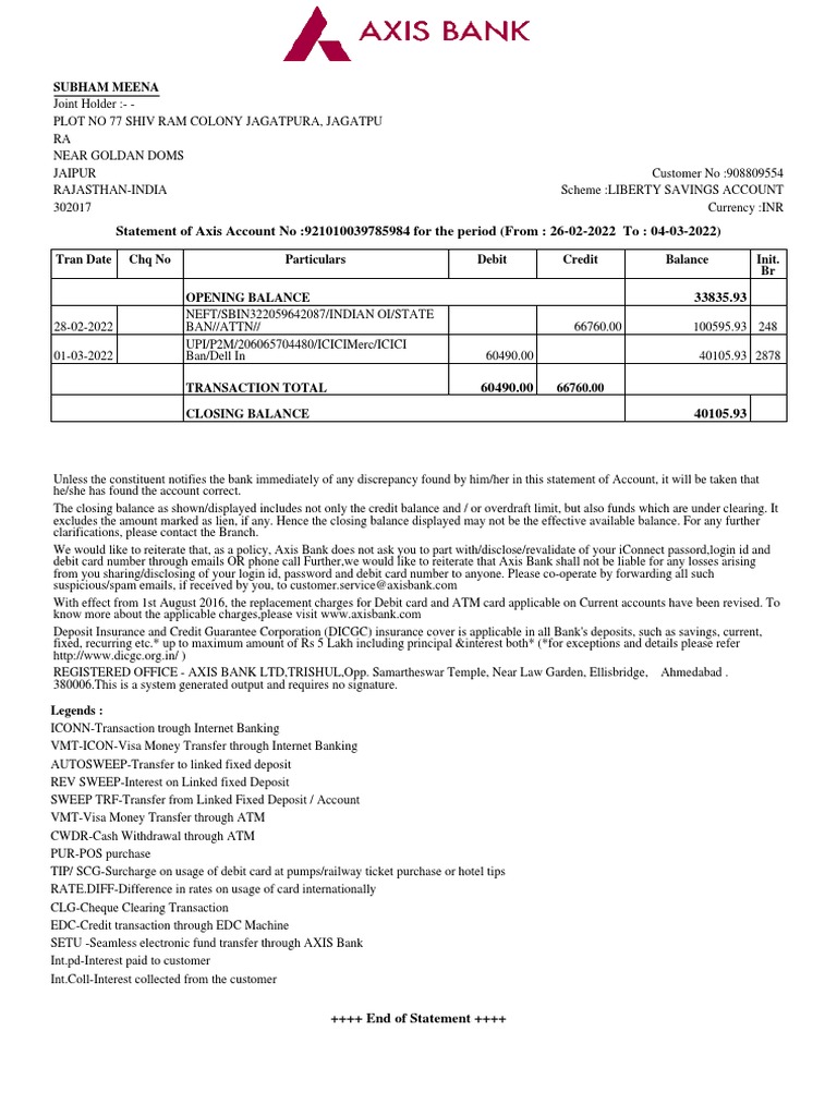 Statement of Axis Account No:921010039785984 For The Period (From: 26 ...
