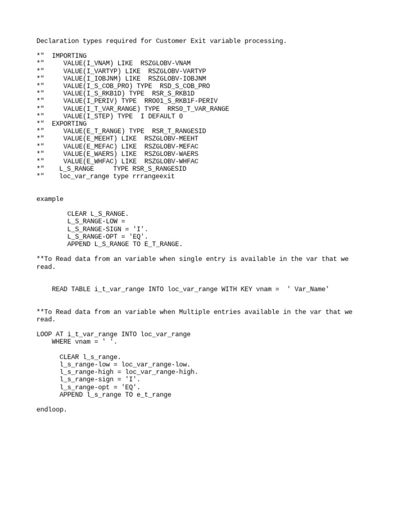 Customer Exit Variable Declaration | PDF