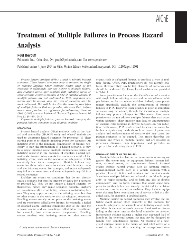 Baybutt, Paul - Treatment of Multiple Failures in Process Hazard Analysis | PDF | Risk ...
