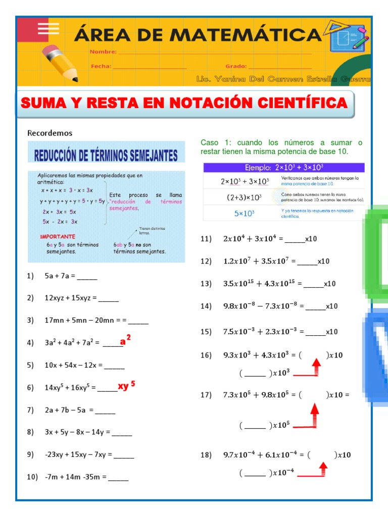 Suma y Resta de Notacion Cientifica | PDF | Matemáticas | Aritmética Suma y Resta de Notacion Cientifica | PDF | Matemáticas | Aritmética