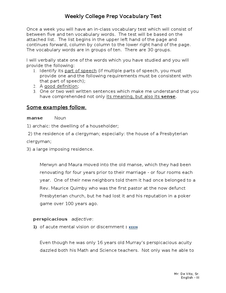 Weekly Vocabulary Test Guidelines | PDF