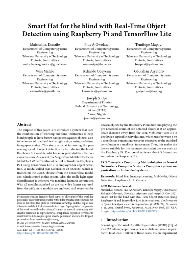 Smart Hat For The Blind With Real-Time Object Detection Using Raspberry Pi and Tensorflow Lite | PDF