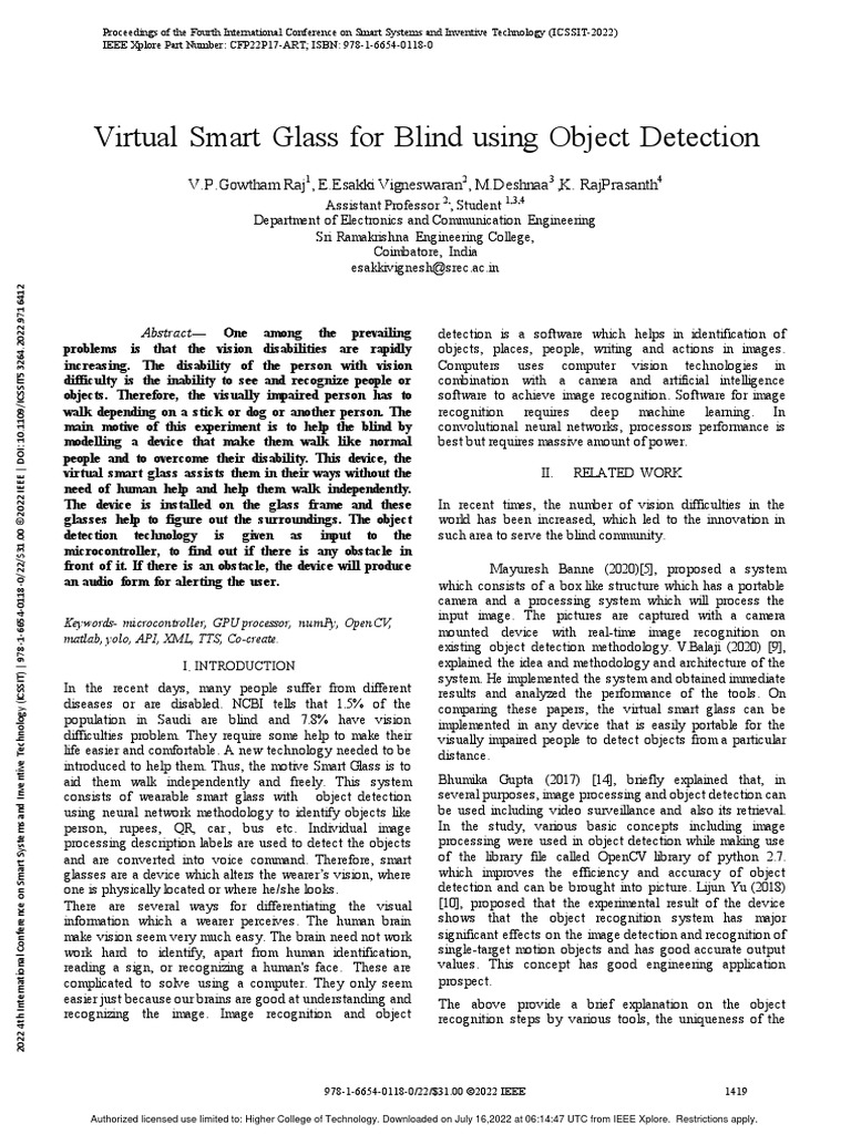 Virtual Smart Glass For Blind Using Object Detection | PDF | Computer Vision | Computing