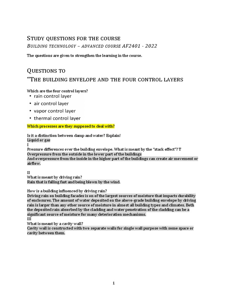 Study Questions for Understanding Key Concepts Related to Building Envelopes and Control of ...