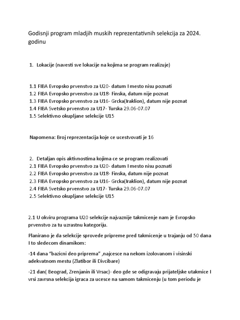 Godisnji Program Mladjih Muskih Reprezentativnih Selekcija Za 2024 | PDF