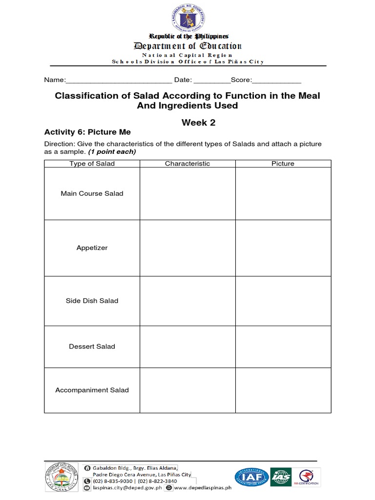 Classification of Salad According To Function in The Meal and ...