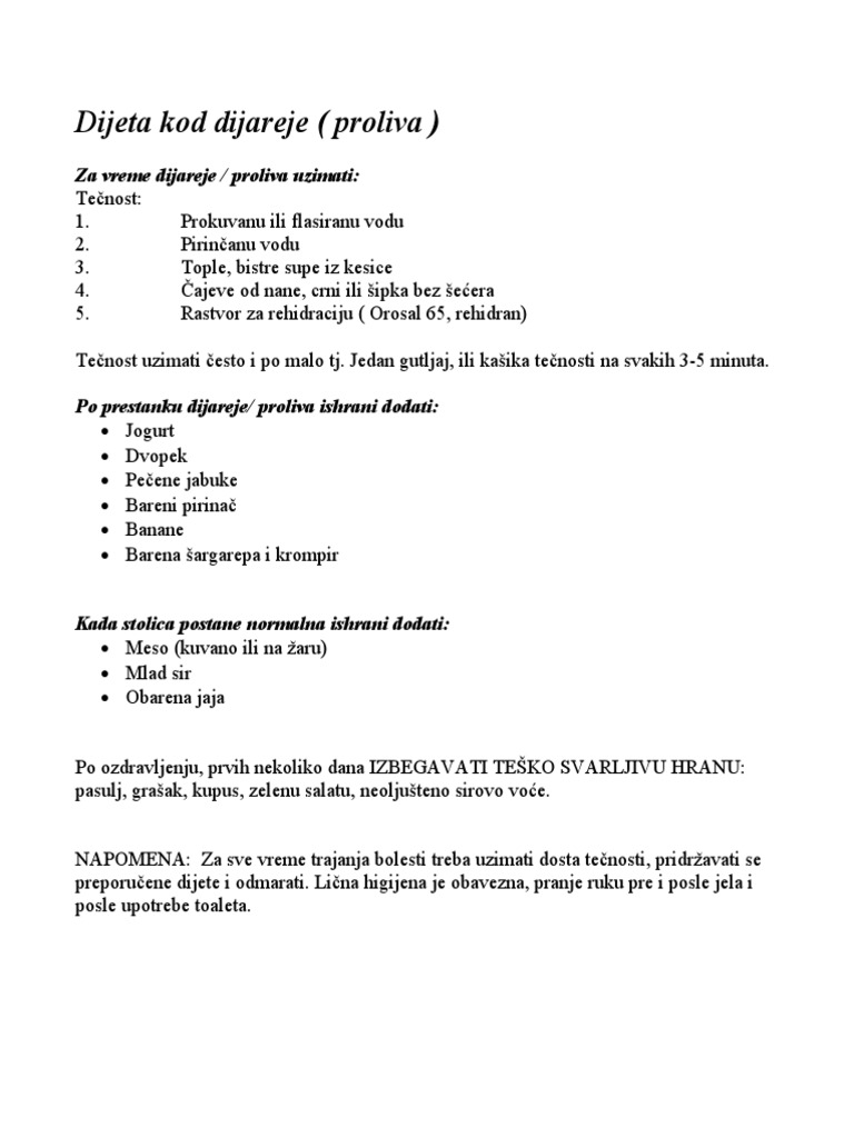 Dijeta Kod Dijareje (Proliva) | PDF