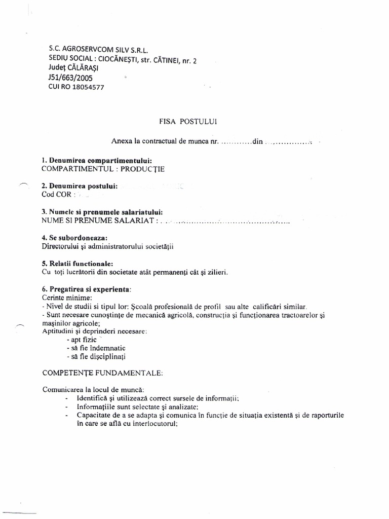 Fisa Post Mecanic Exploatare | PDF