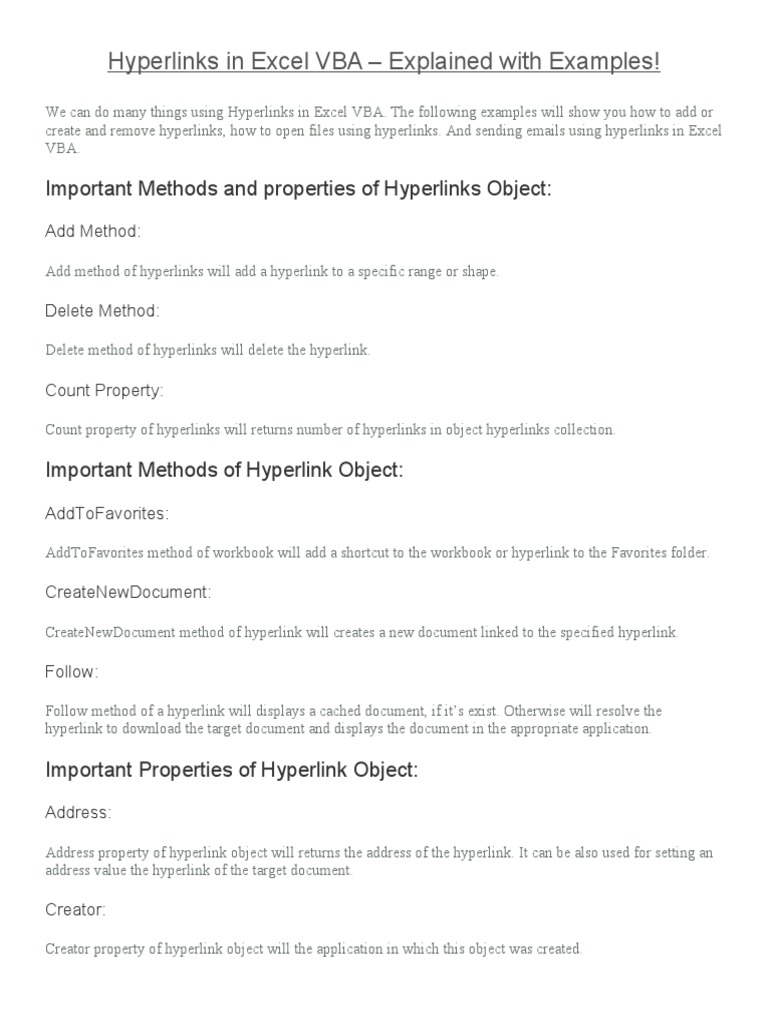 Hyperlinks in Excel VBA | PDF