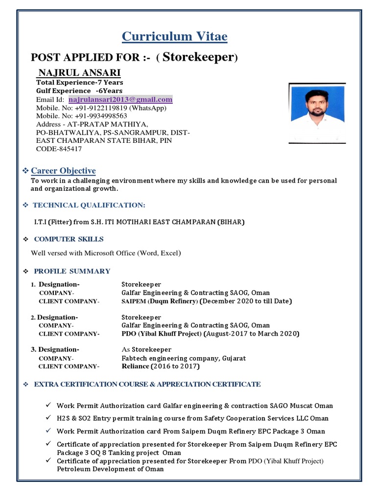 NAJRUL ANSARI Storekeeper | PDF | Warehouse | Inventory