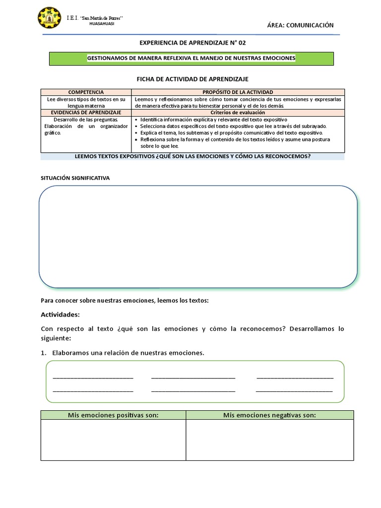 Ficha de Actividades Las Emociones | PDF | Las emociones | Aprendizaje