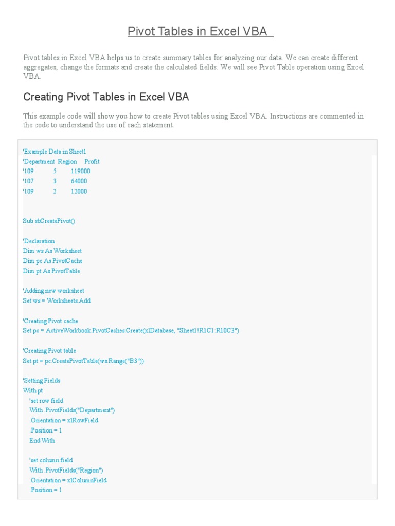 Pivot Tables in Excel VBA | PDF