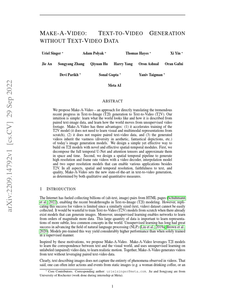 Make-A-Video - Text-to-Video Generation Without Text-Video Data - 2209. ...