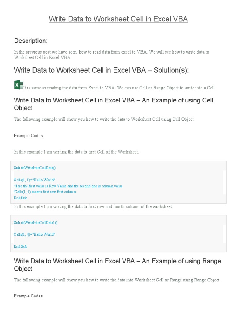 Write Data To Worksheet Cell in Excel VBA | PDF | Microsoft Excel | Worksheet