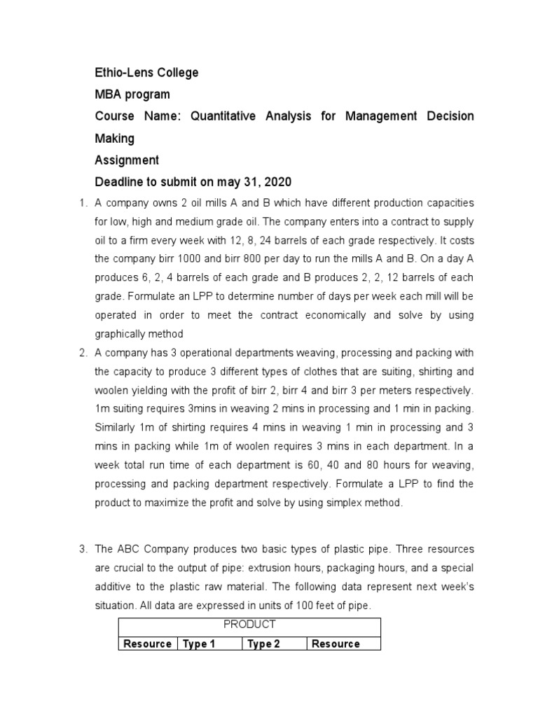 MBA Quantitative Analysis Assignments | PDF