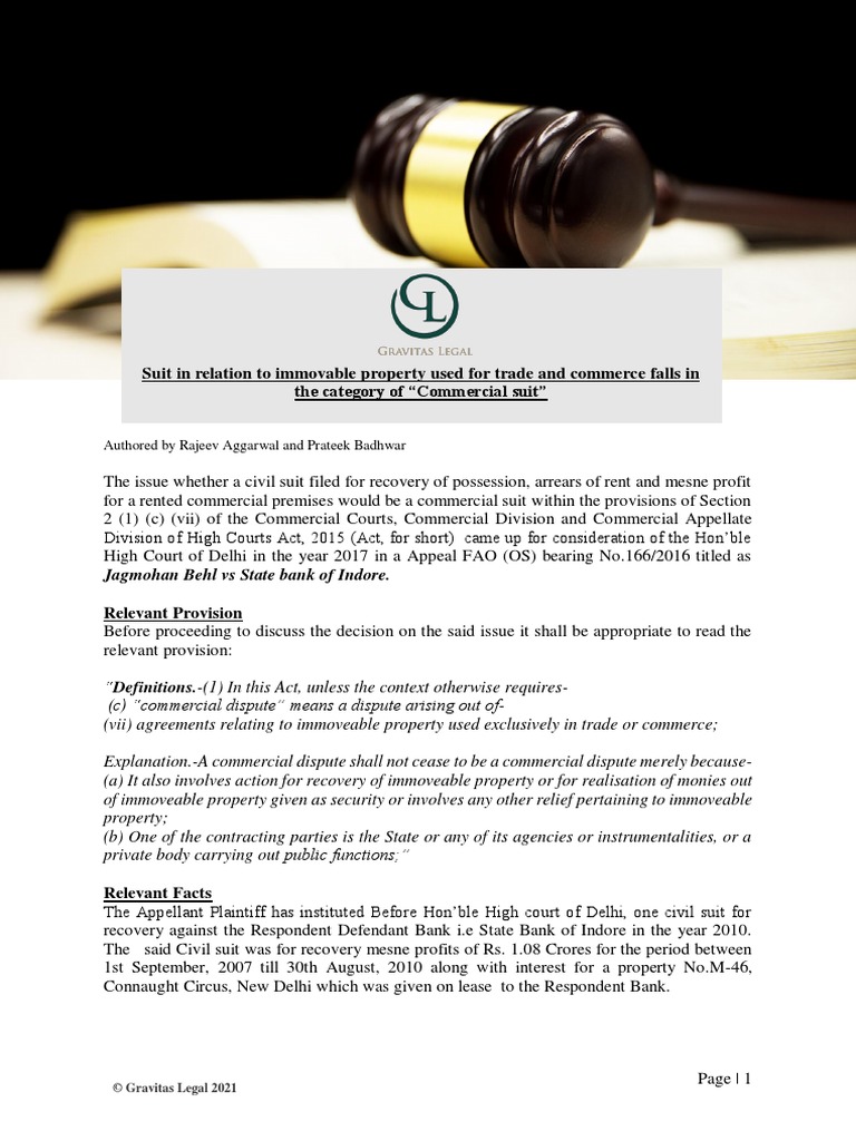 Suit in Relation To Immovable Property Used For Trade and Commerce ...