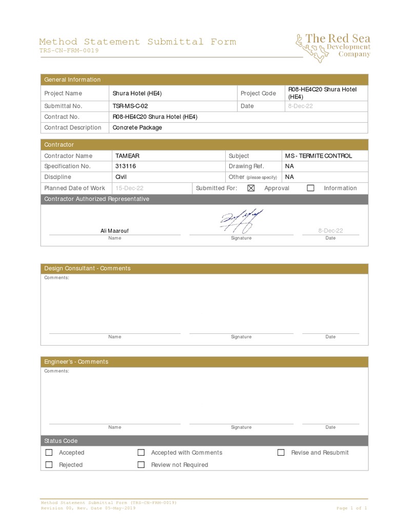 Method Statement Submittal Form: TRS-CN-FRM-0019 | PDF | Personal Protective Equipment | Risk