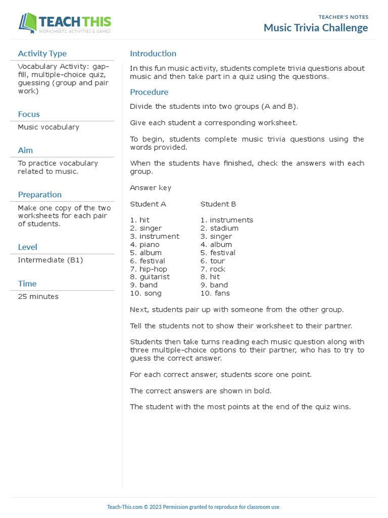 Music Trivia Challenge: Activity Type | PDF | Multiple Choice | Music ...