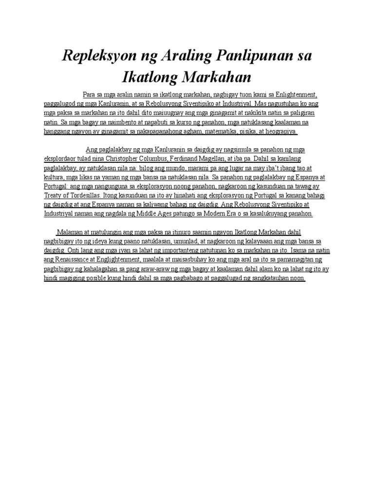 Repleksyon NG Araling Panlipunan Sa Ikatlong Markahan | PDF