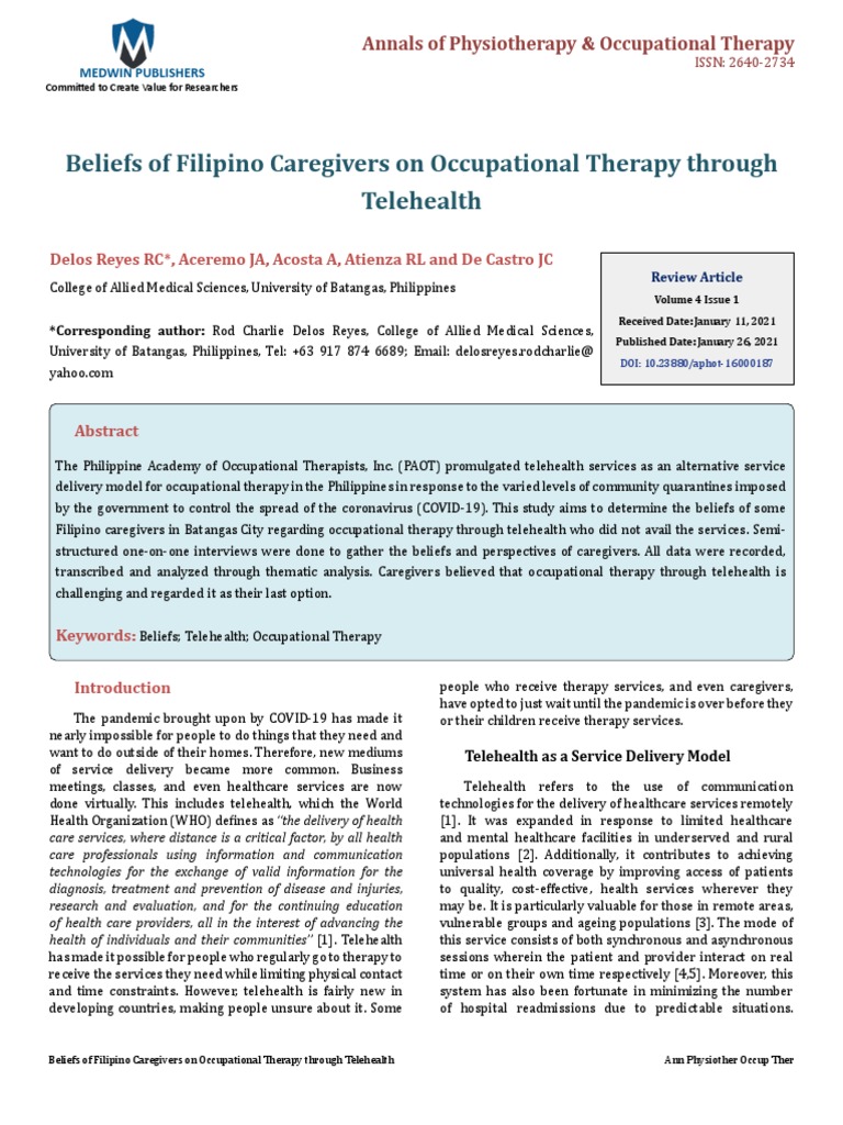 Beliefs of Filipino Caregivers On Occupational Therapy Through ...