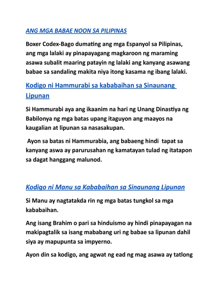 Kodigo Ni Hammurabi Sa Kababaihan Sa Sinaunang Lipunan: Ang Mga Babae ...