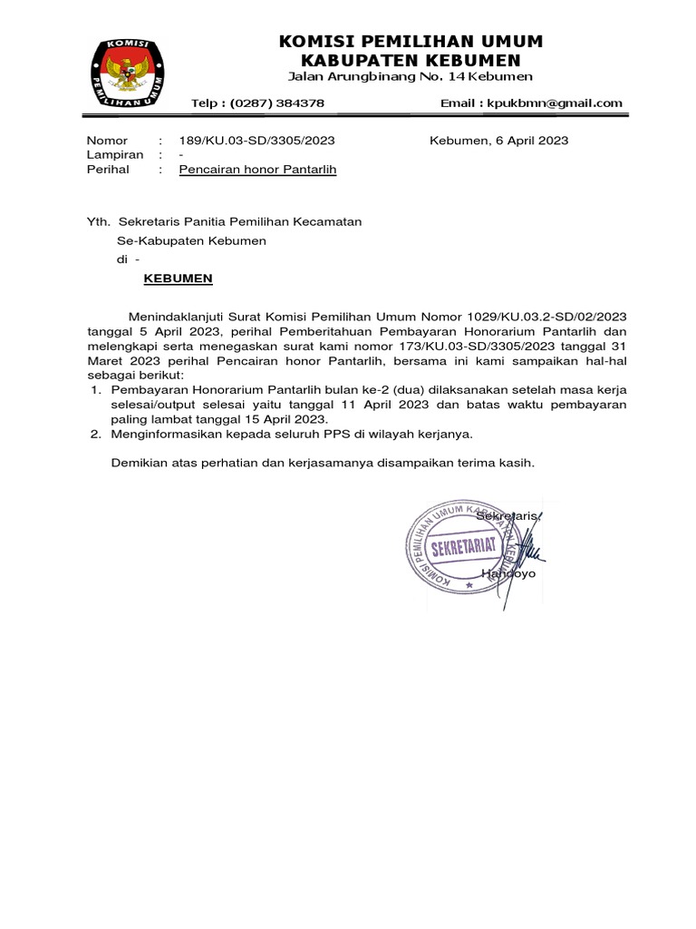 189 - Surat Sekretaris KPU | PDF