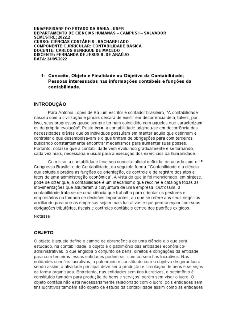 Conceito, Objeto e Finalidade Ou Objetivo Da Contabilidade Pessoas ...