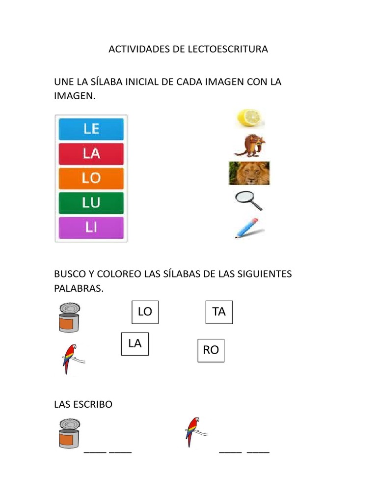Actividades de Lectoescritura Une La Sílaba Inicial de Cada Imagen Con ...