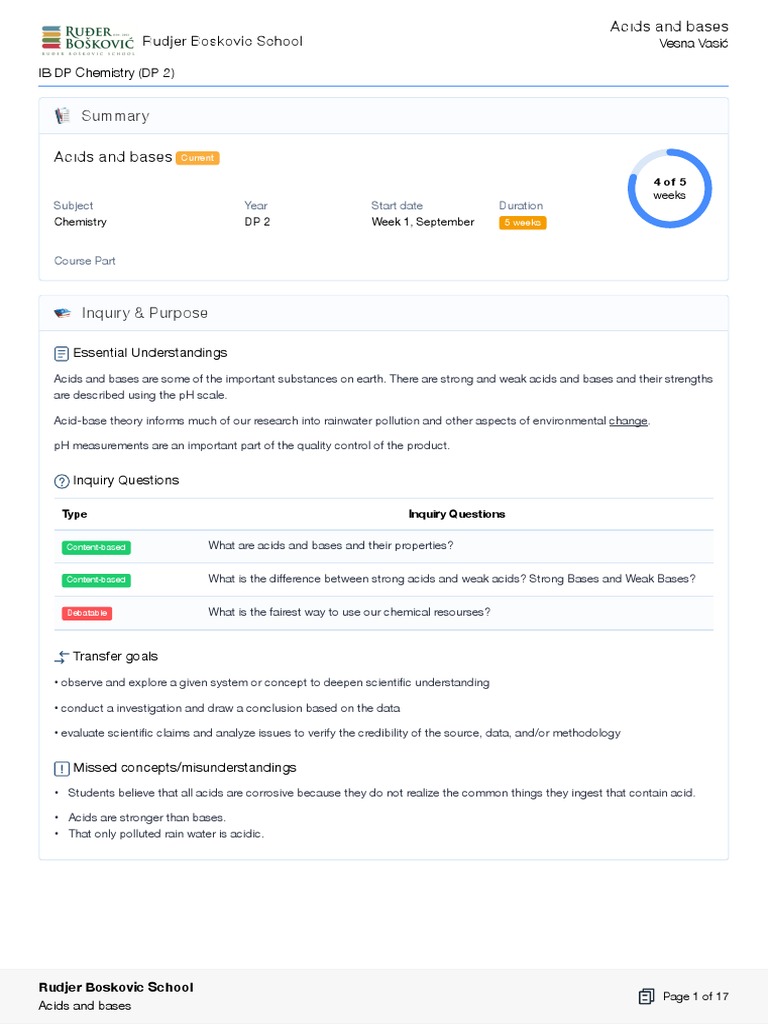 Chemistry Unit - Planner - Acids and Bases | PDF